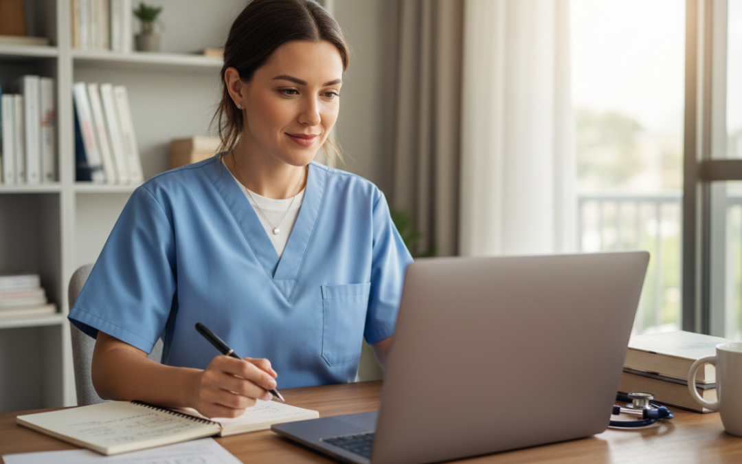 Firefly_Gemini Flash_beautiful nurse studying with scrubs on in front ...
